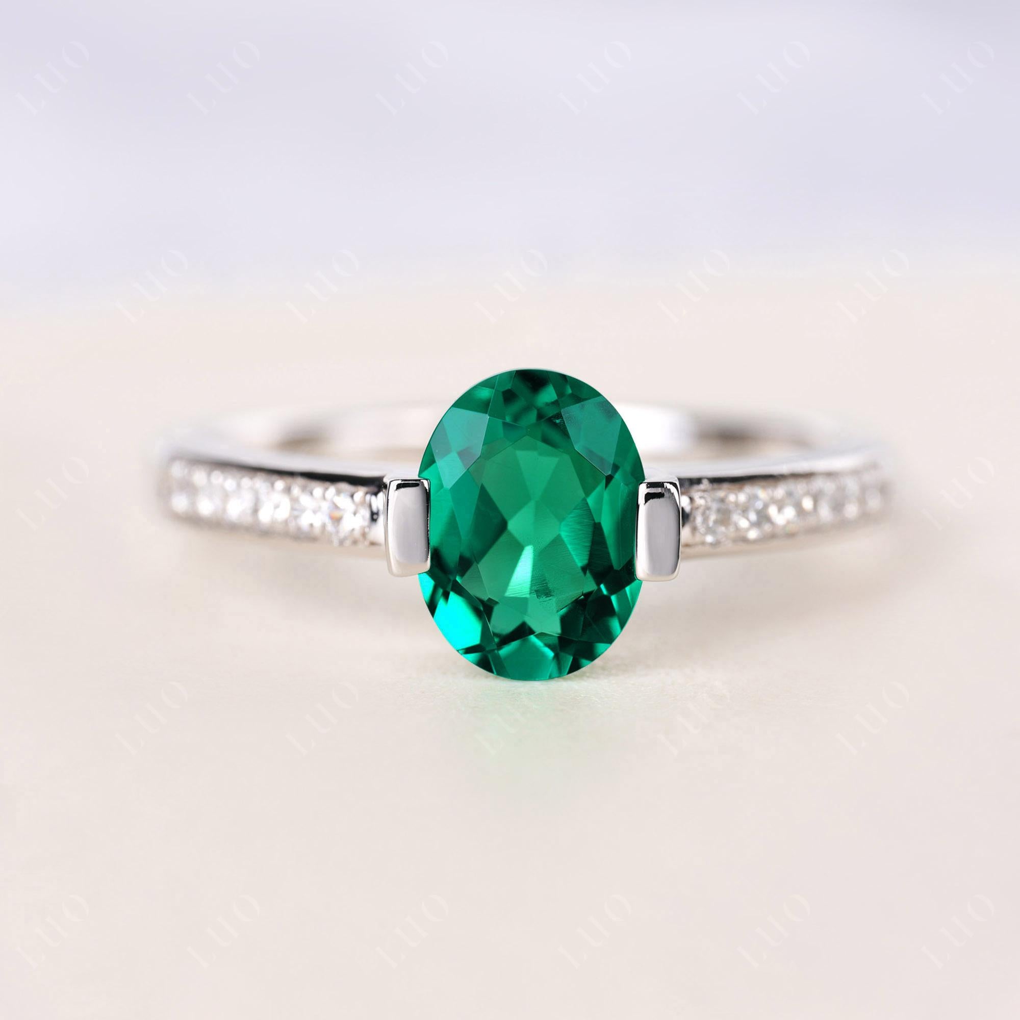 Oval Emerald Engagement Ring Half Bezel Set | LUO