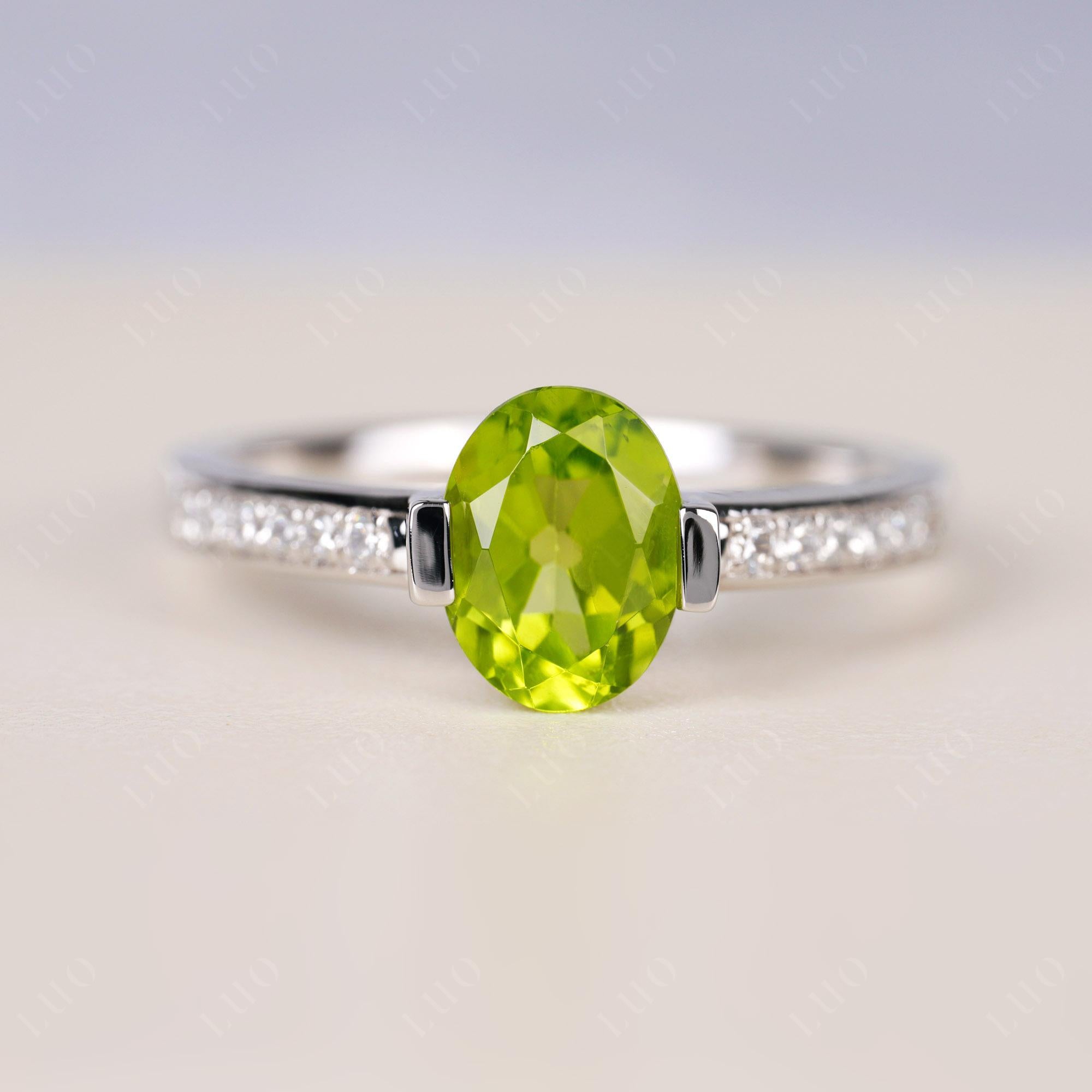 Oval Peridot Engagement Ring Half Bezel Set | LUO