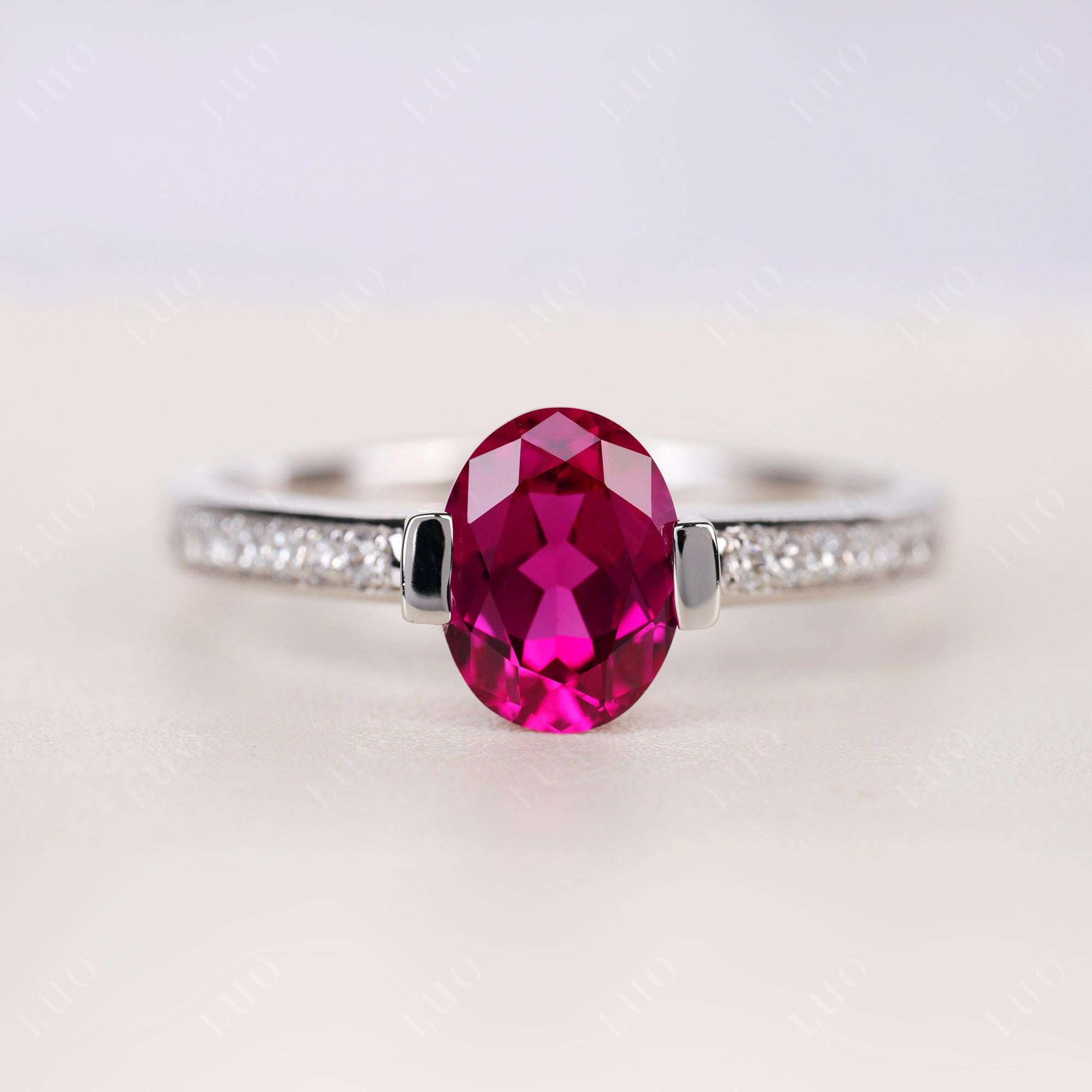 Oval Ruby Engagement Ring Half Bezel Set | LUO