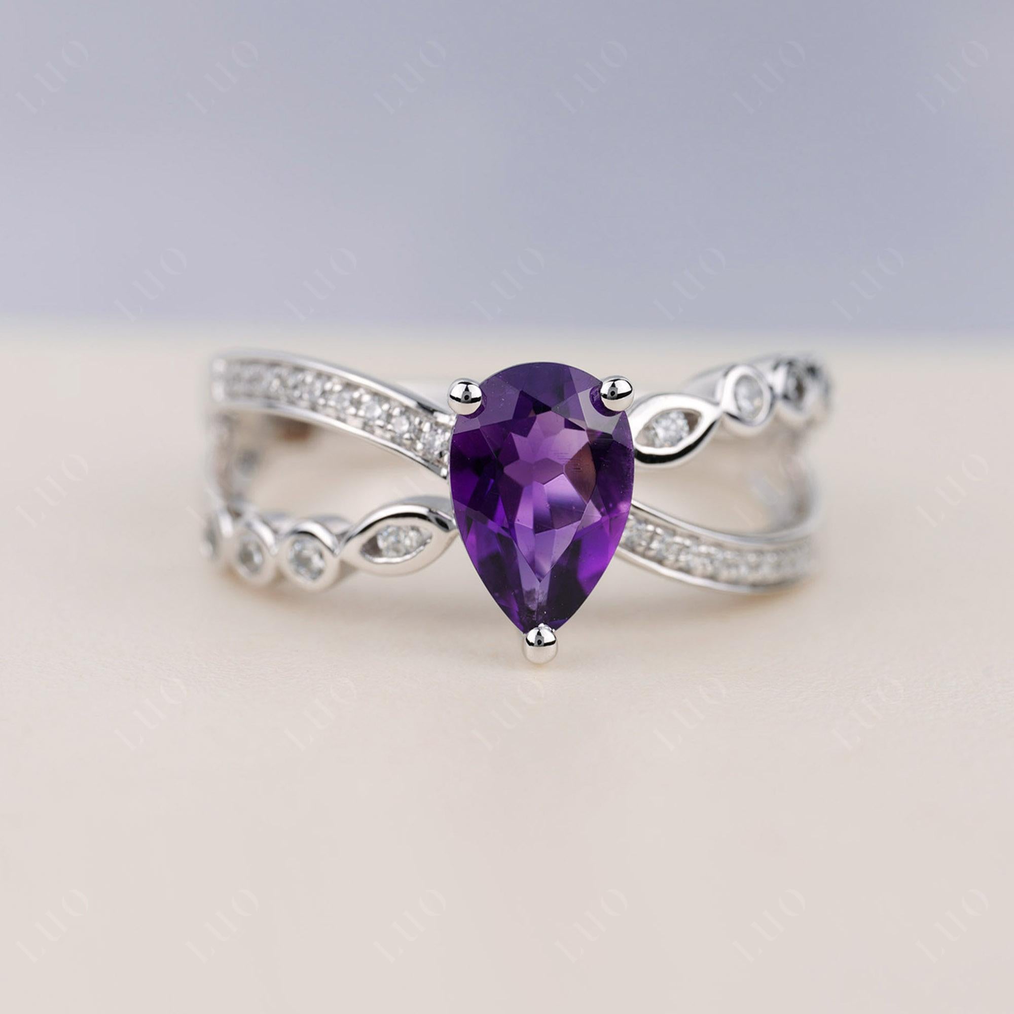 Pear Shaped Amethyst Crossover Ring | LUO