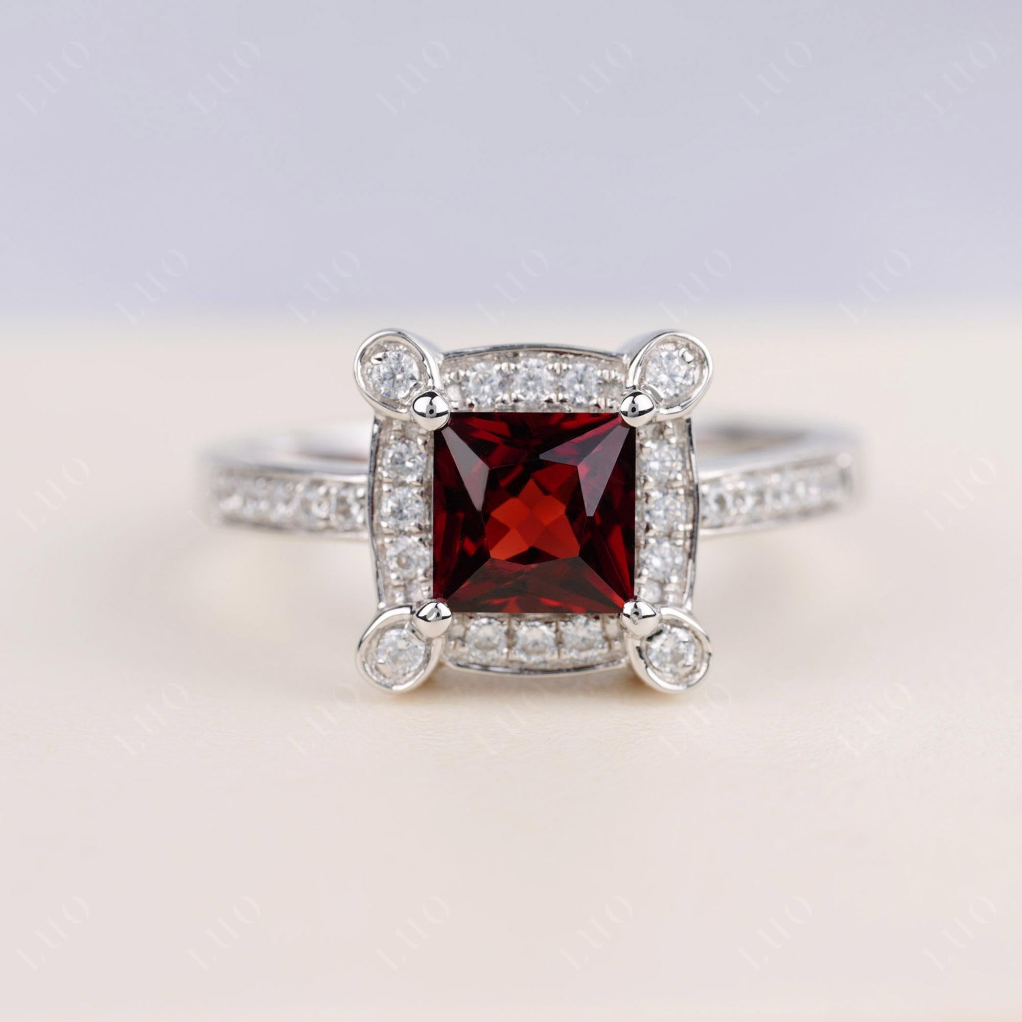 Princess Cut Garnet Halo Statement Ring | LUO