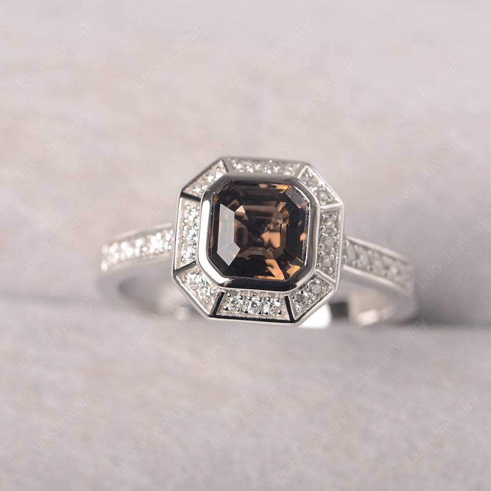 Asscher Cut Smoky Quartz Bezel Set Halo Ring | LUO