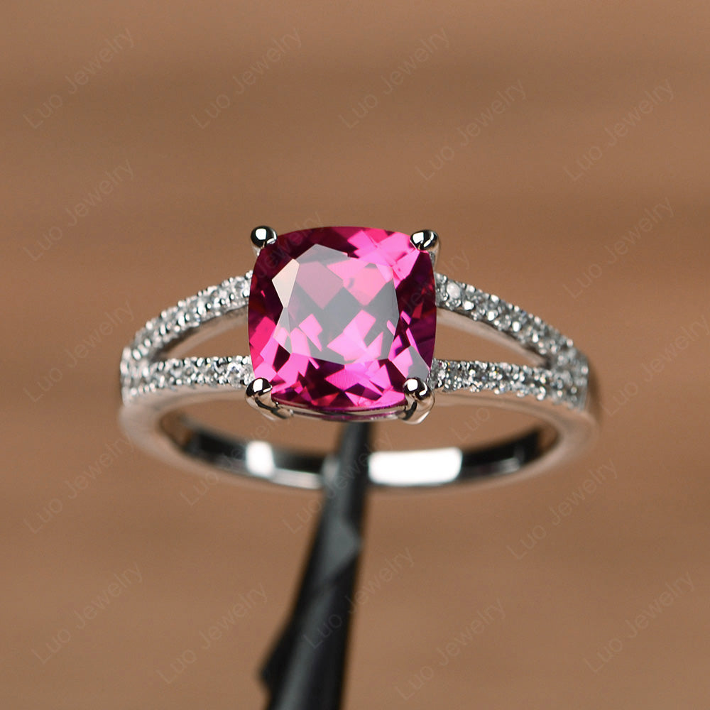 Cushion Cut Ruby Split Shank Ring | LUO