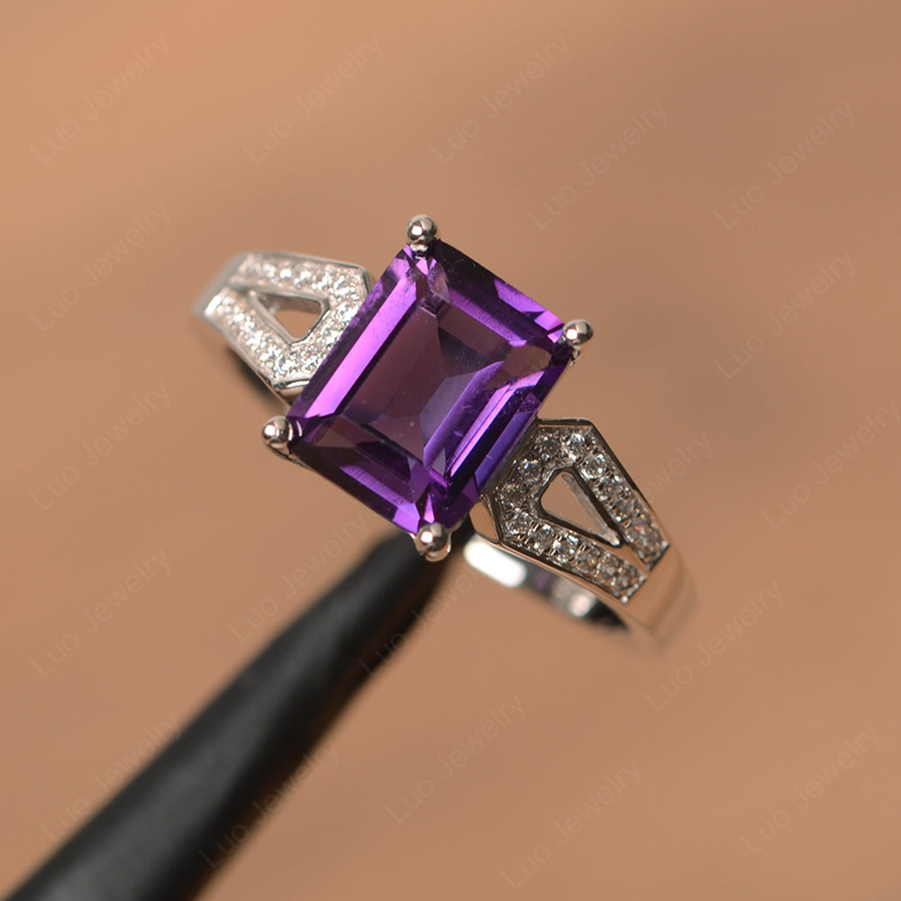 Emerald Cut Amethyst Split Shank Ring | LUO
