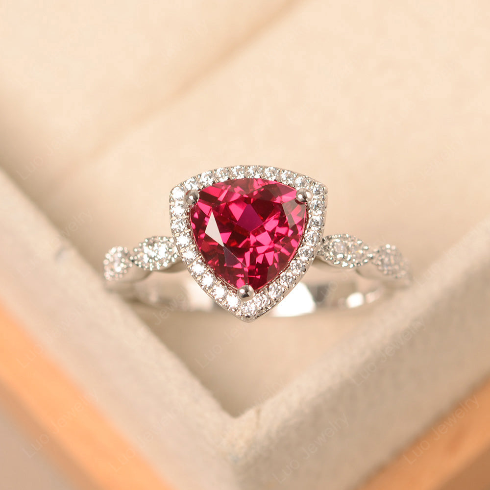 Trillion Cut Ruby Cocktail Halo Ring | LUO