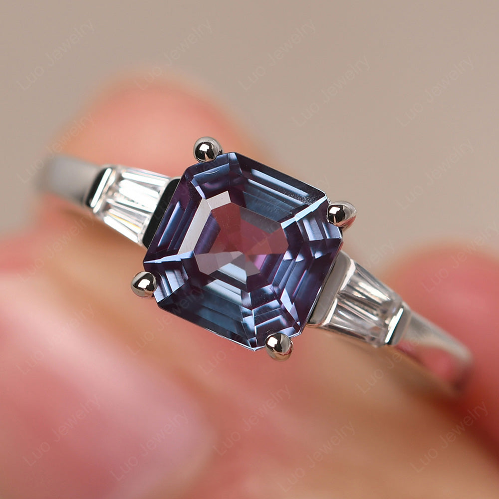 Asscher Cut Alexandrite Ring with Baguettes | LUO