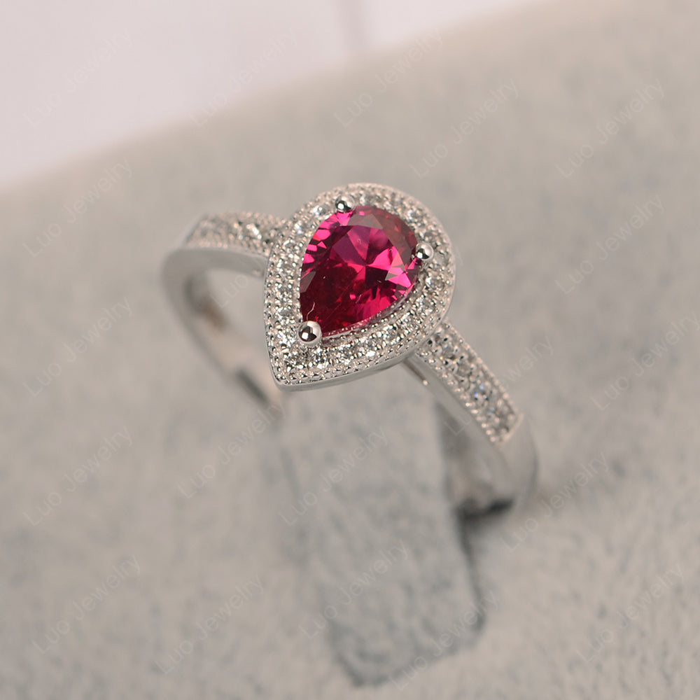 Pear Shaped Ruby Milgrain Halo Ring | LUO