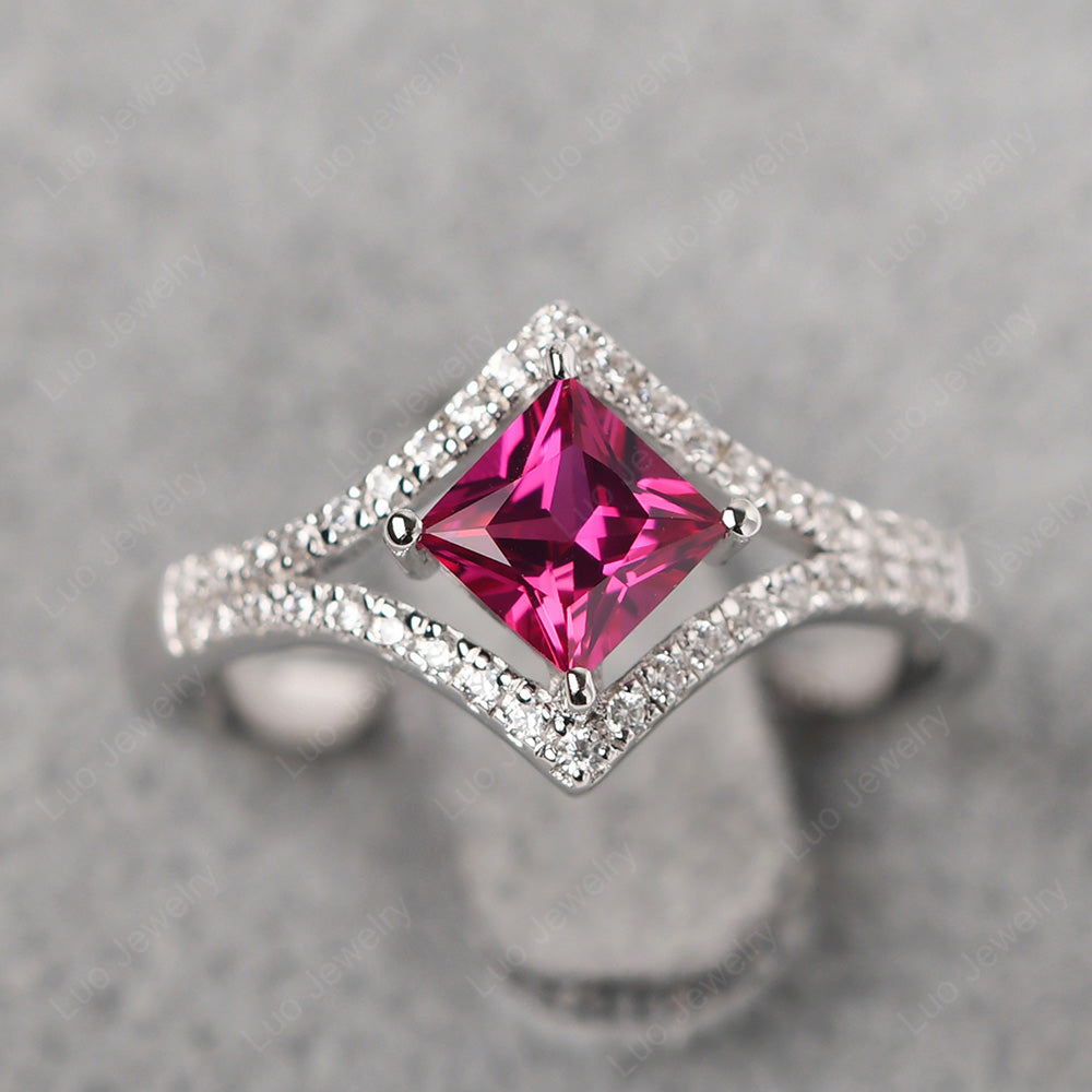 Princess Cut Ruby Kite Set Halo Ring | LUO